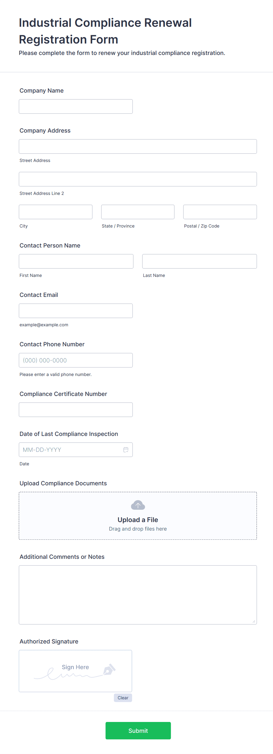 Industrial Compliance Renewal Registration Form Template | Jotform