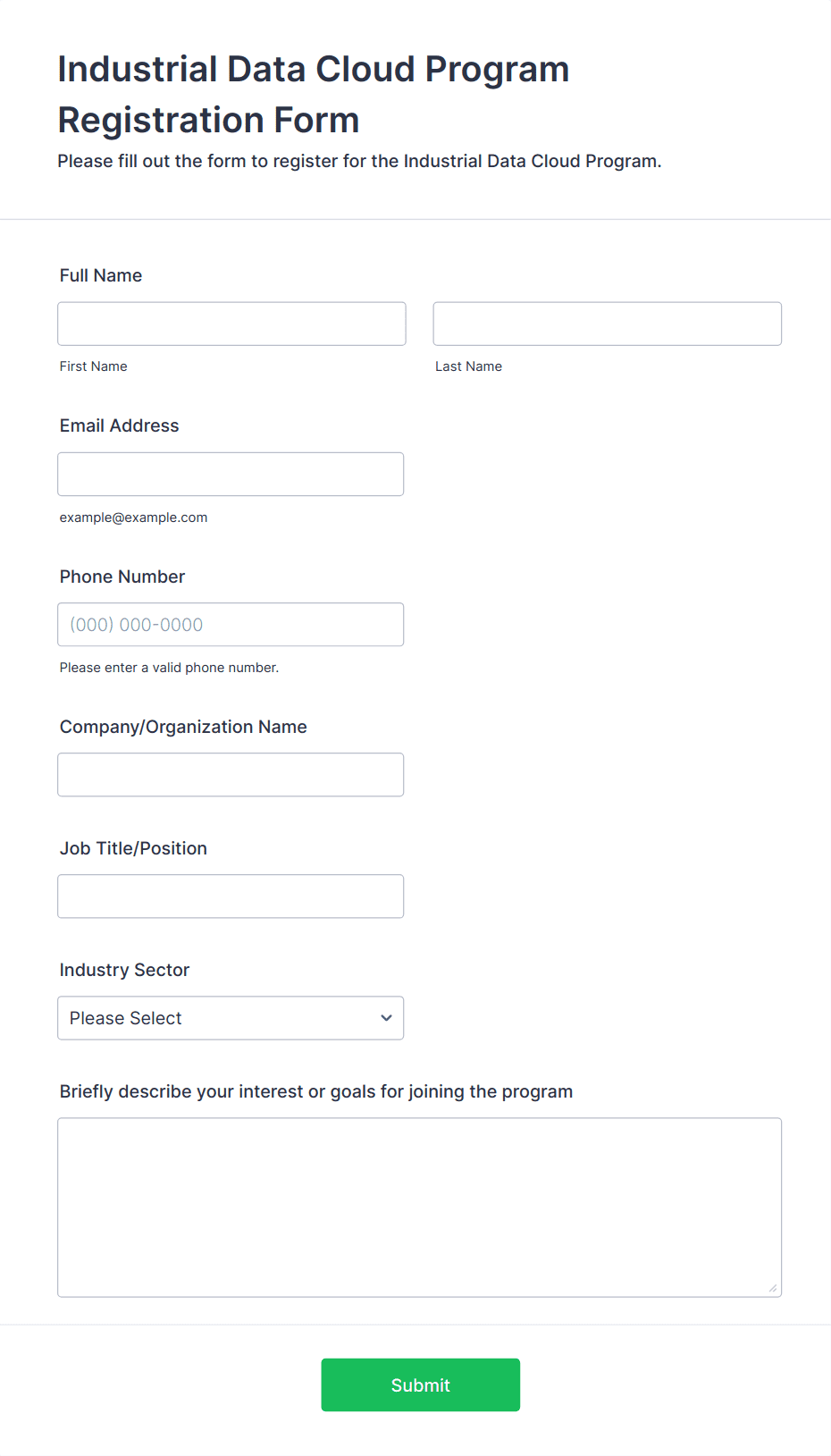 Industrial Data Cloud Program Registration Form Template | Jotform