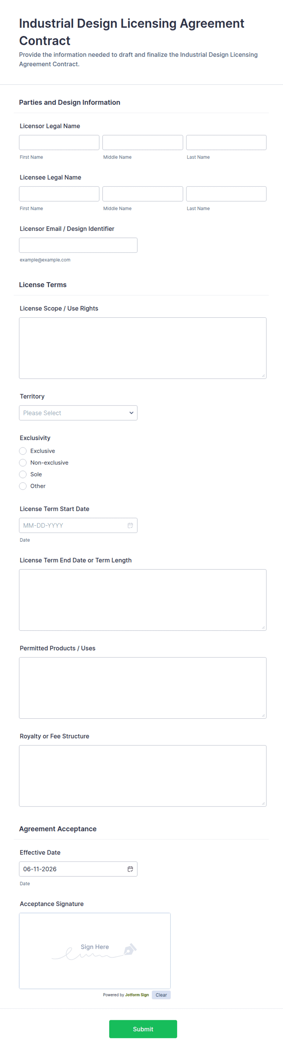 Industrial Design Licensing Agreement Contract Form Template | Jotform