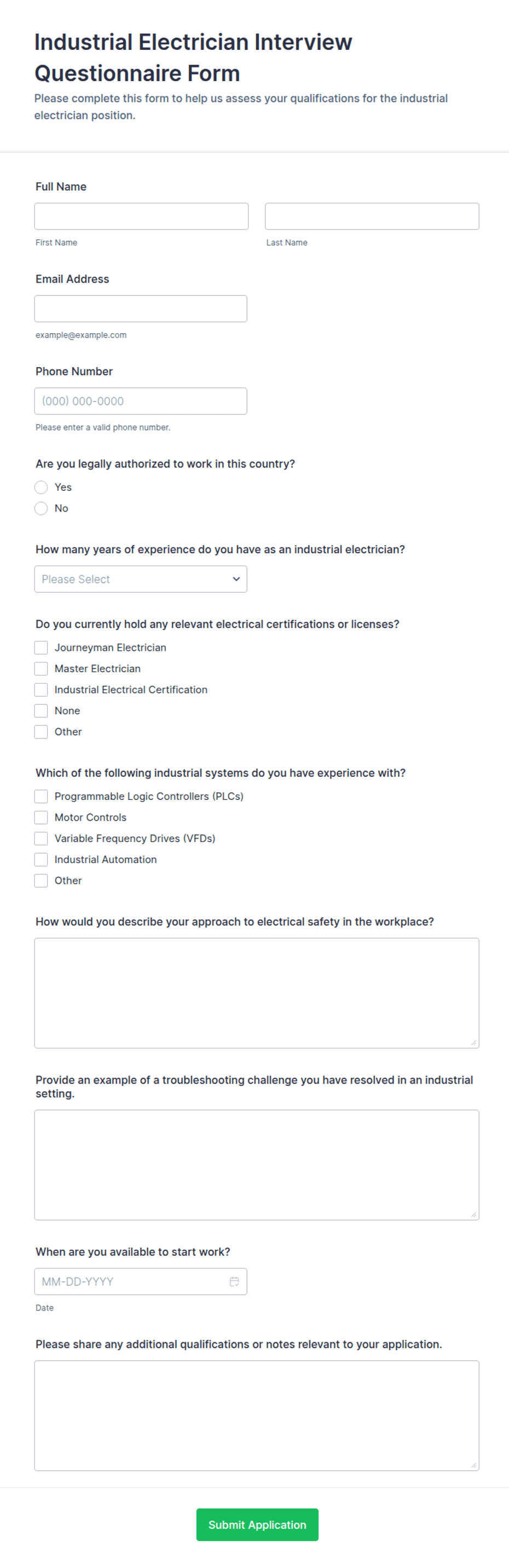 Industrial Electrician Interview Questionnaire Form Template | Jotform