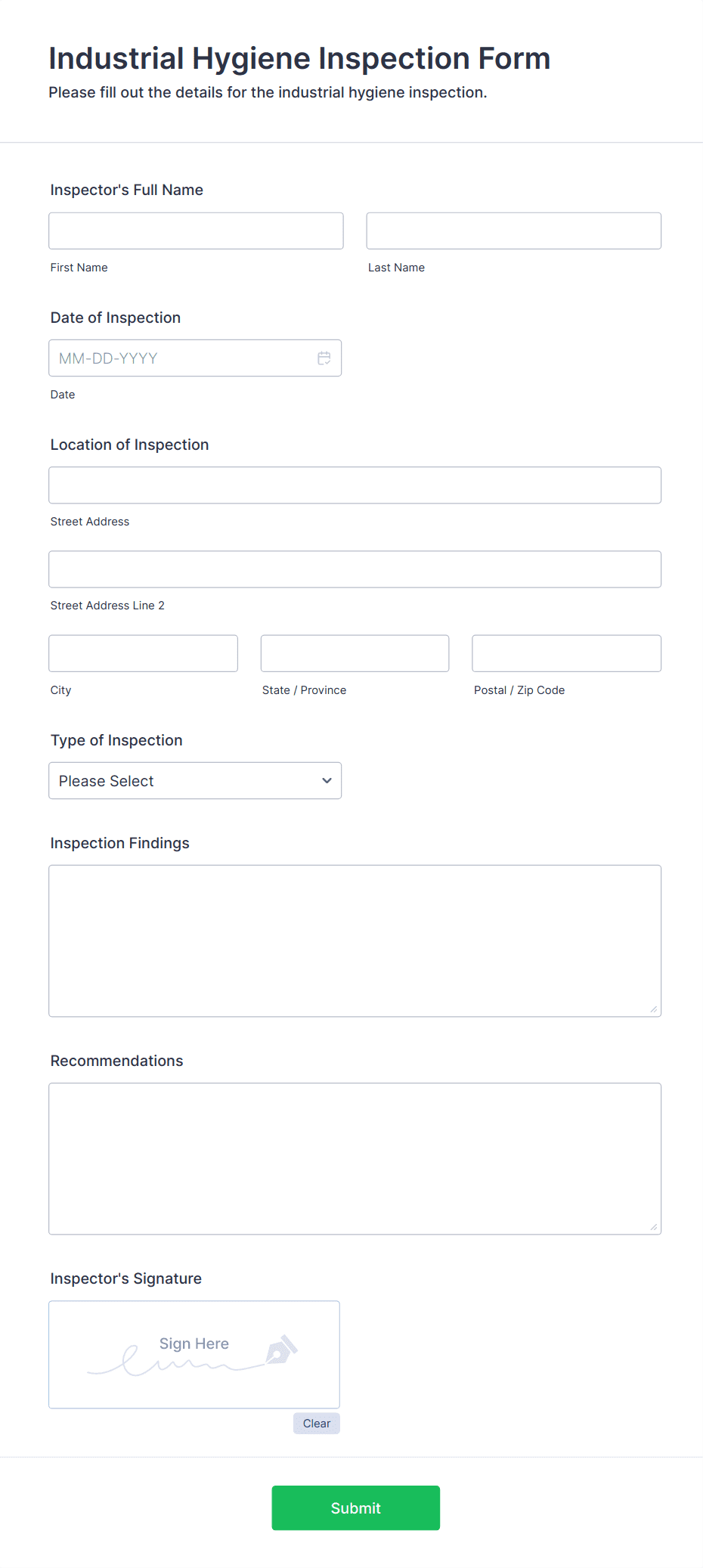Industrial Hygiene Inspection Form Template | Jotform