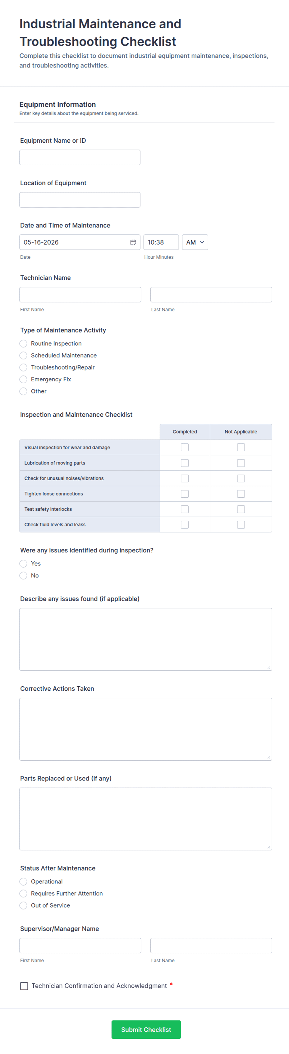 Industrial Maintenance and Troubleshooting Checklist Form Template ...