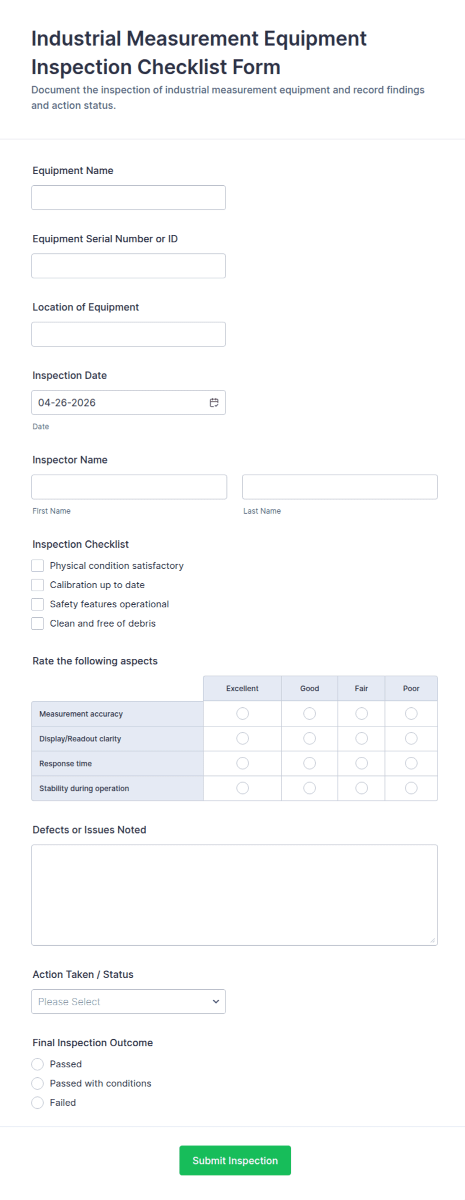 Industrial Measurement Equipment Inspection Checklist Form Template ...