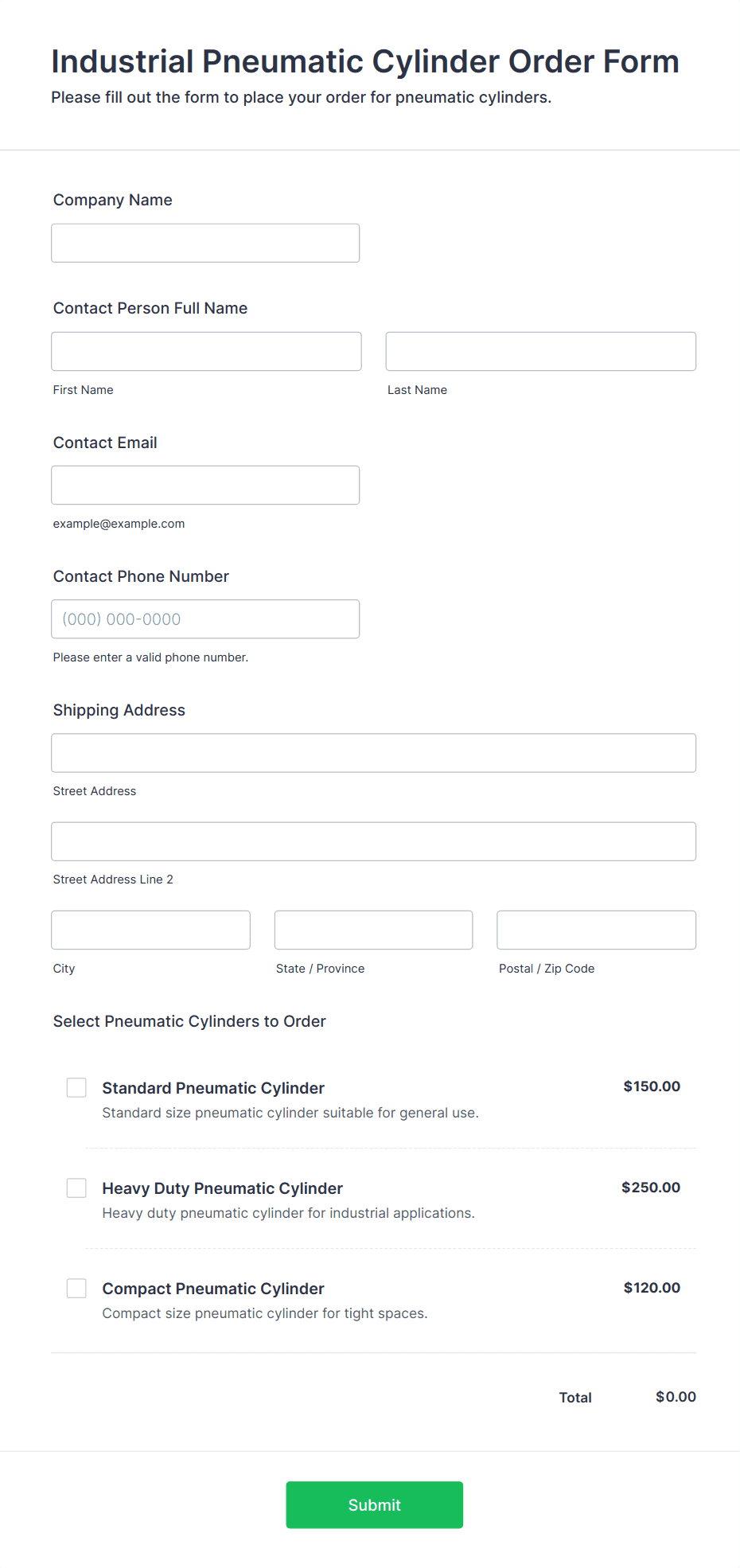 Industrial Pneumatic Cylinder Order Form Template | Jotform