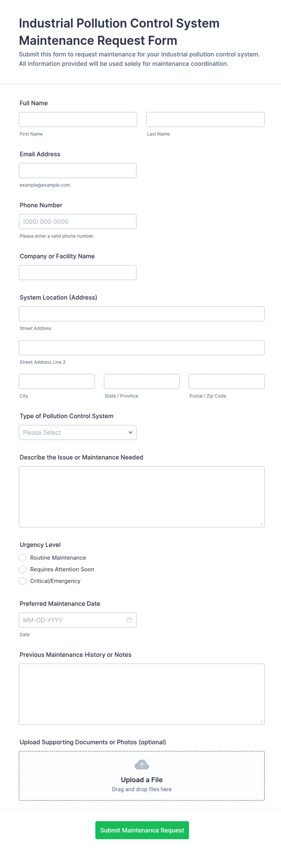 Industrial Pollution Control System Maintenance Request Form Template ...