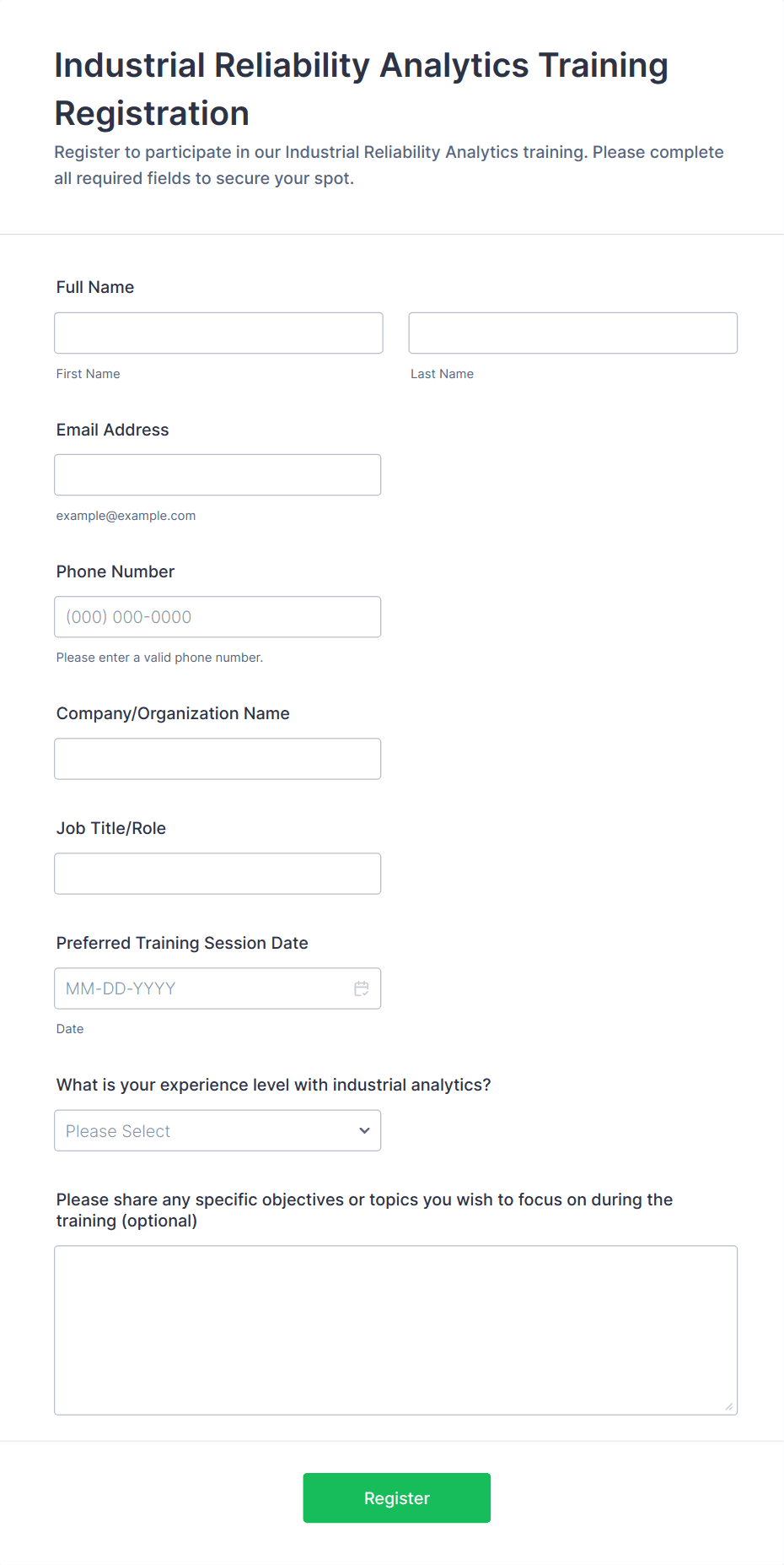 Industrial Reliability Analytics Training Registration Form Template | Jotform