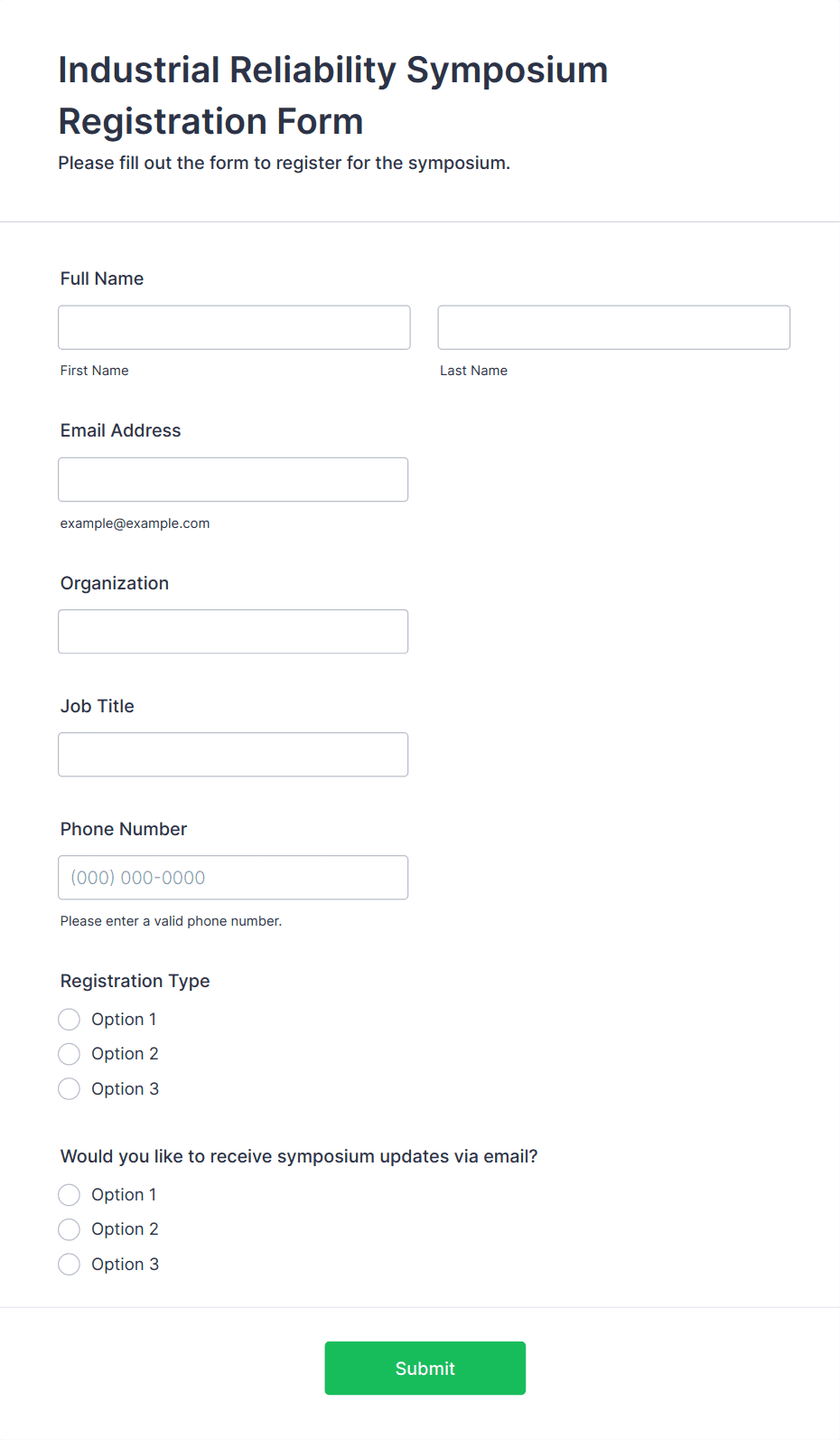 Industrial Reliability Symposium Registration Form Template | Jotform
