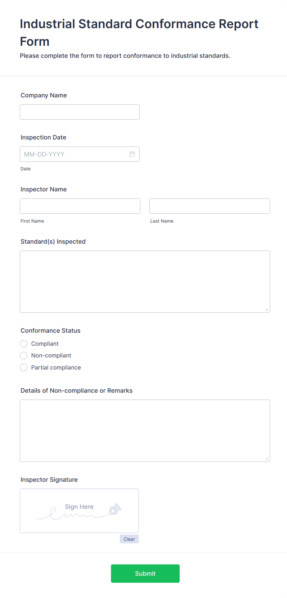 Industrial Standard Conformance Report Form Template | Jotform