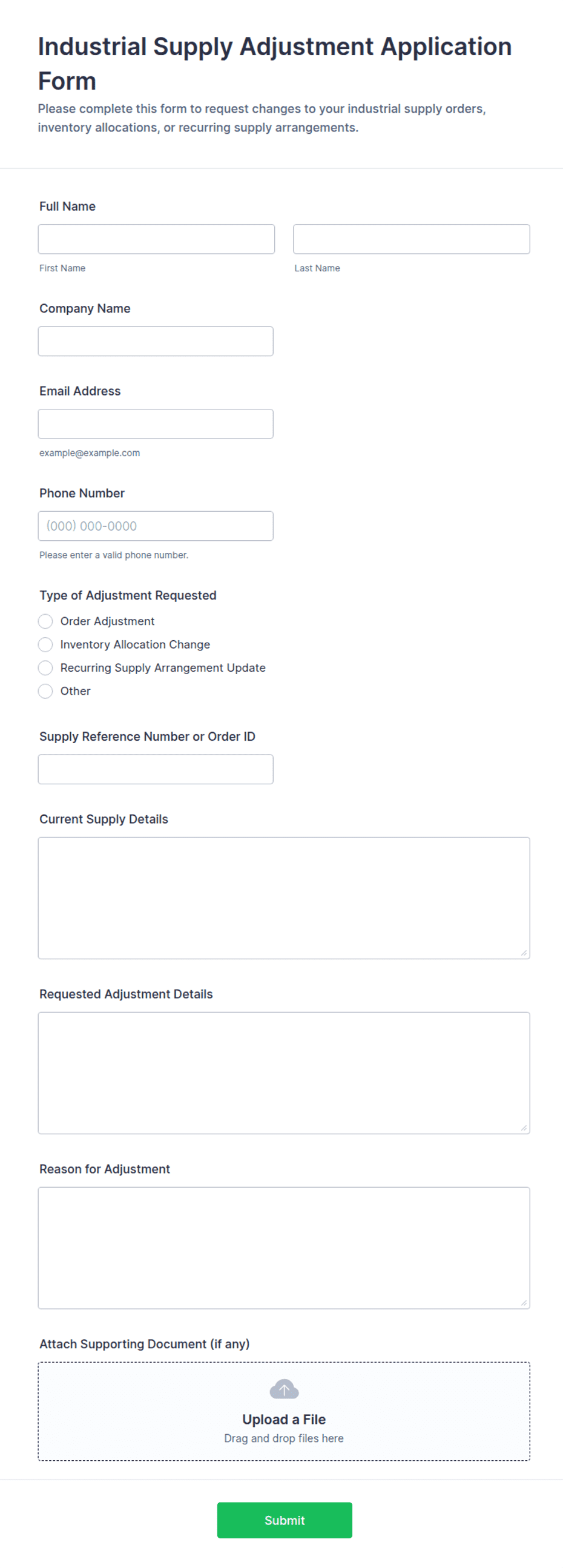 Industrial Supply Adjustment Application Form Template | Jotform