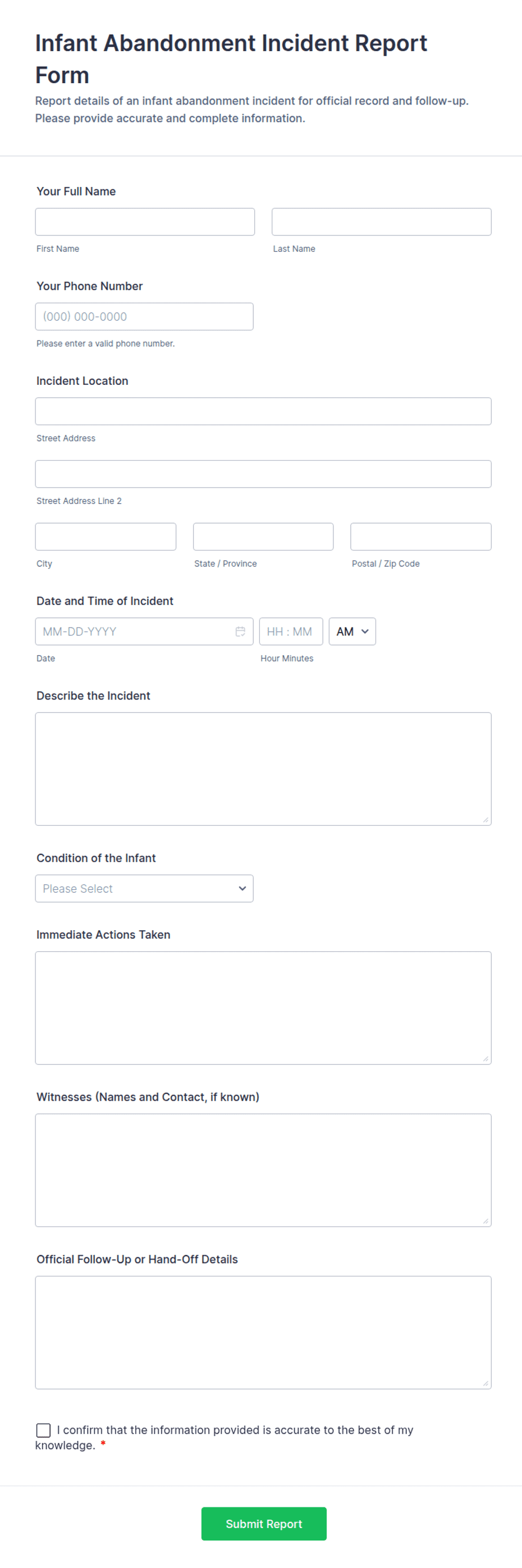 Infant Abandonment Incident Report Form Template | Jotform