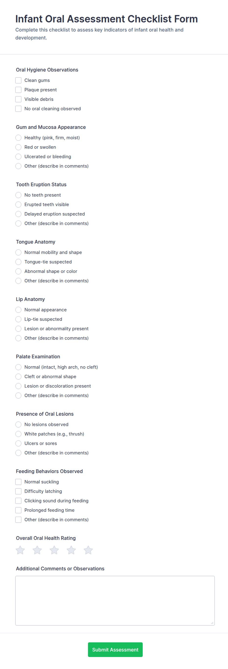 Infant Oral Assessment Checklist Form Template | Jotform