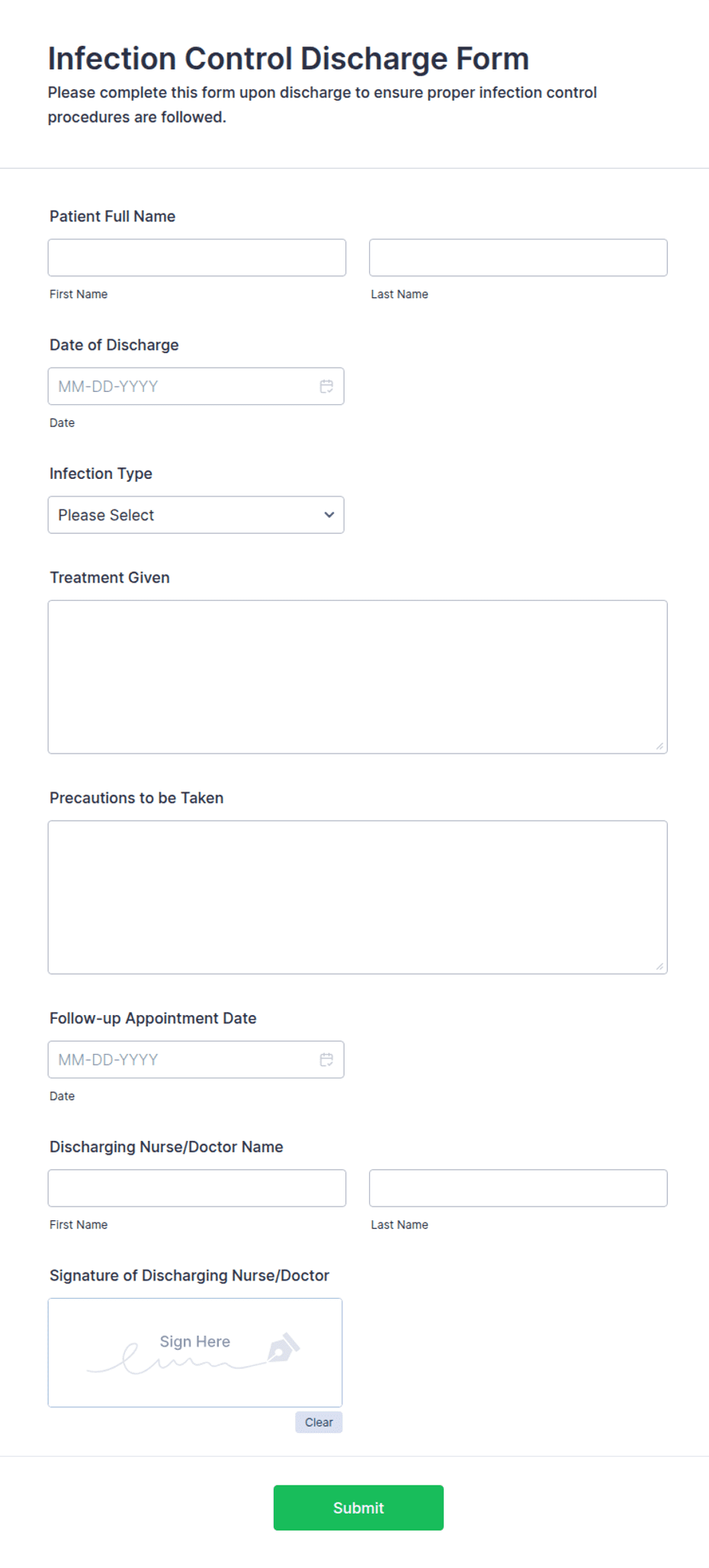 Infection Control Discharge Form Template | Jotform