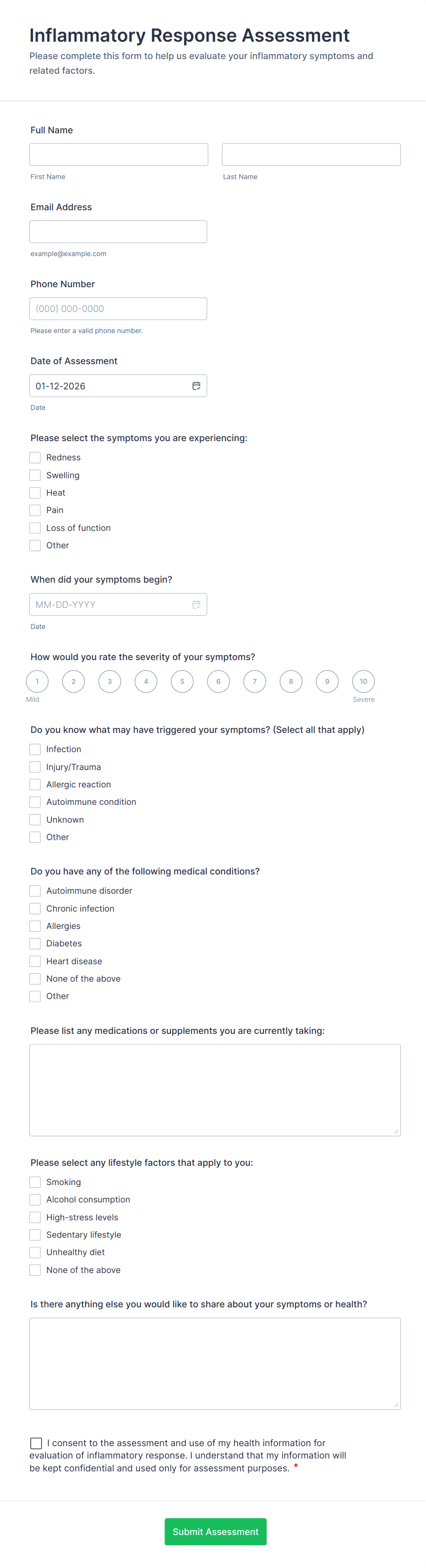 Inflammatory Response Assessment Form Template | Jotform