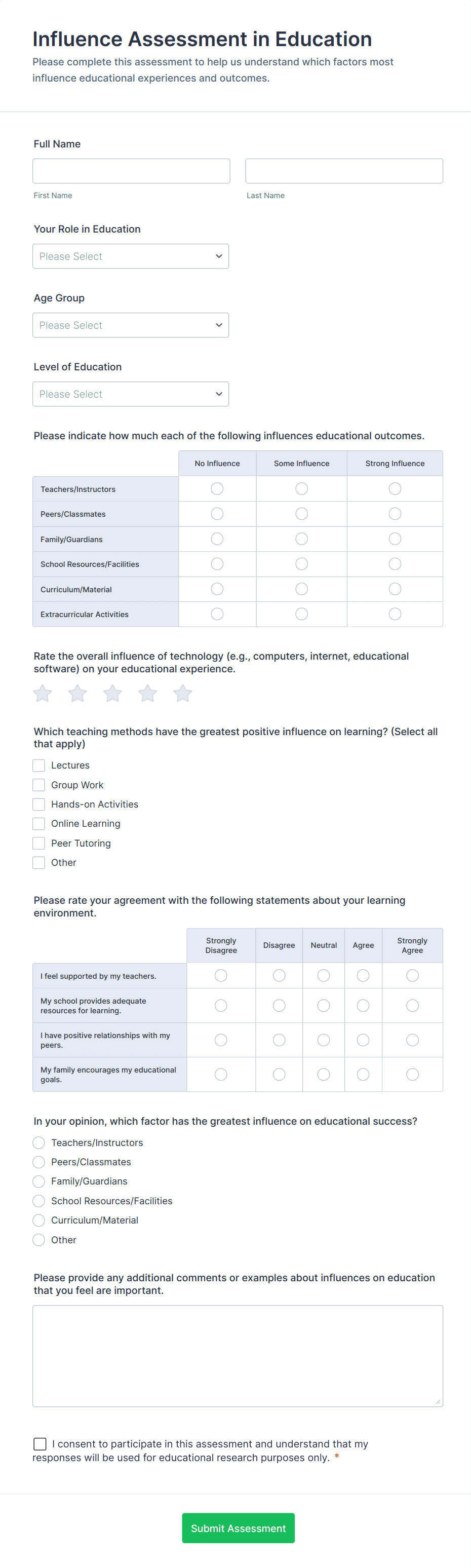 Influence Assessment in Education Form Template | Jotform