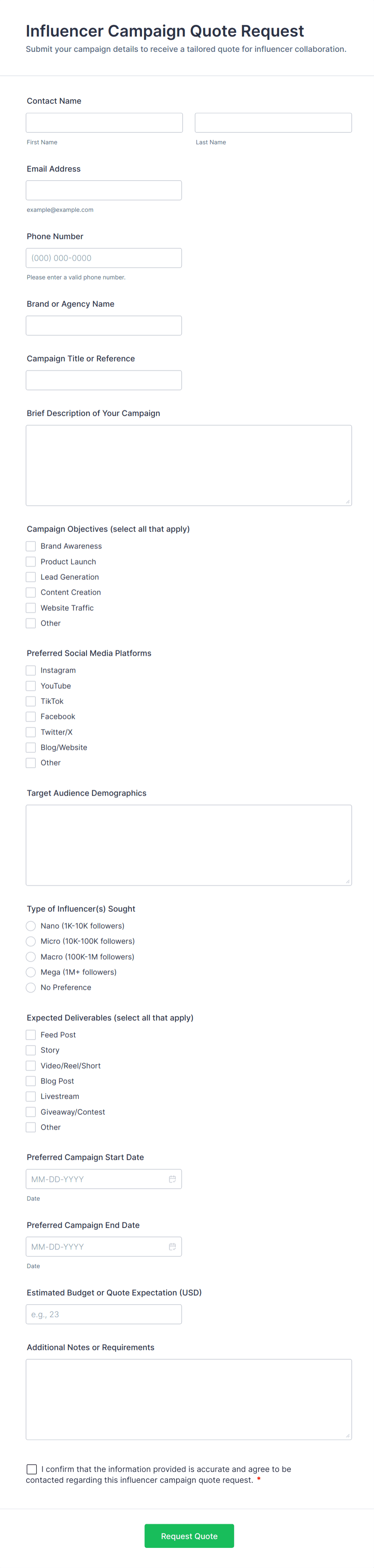 Influencer Campaign Quote Request Form Template | Jotform