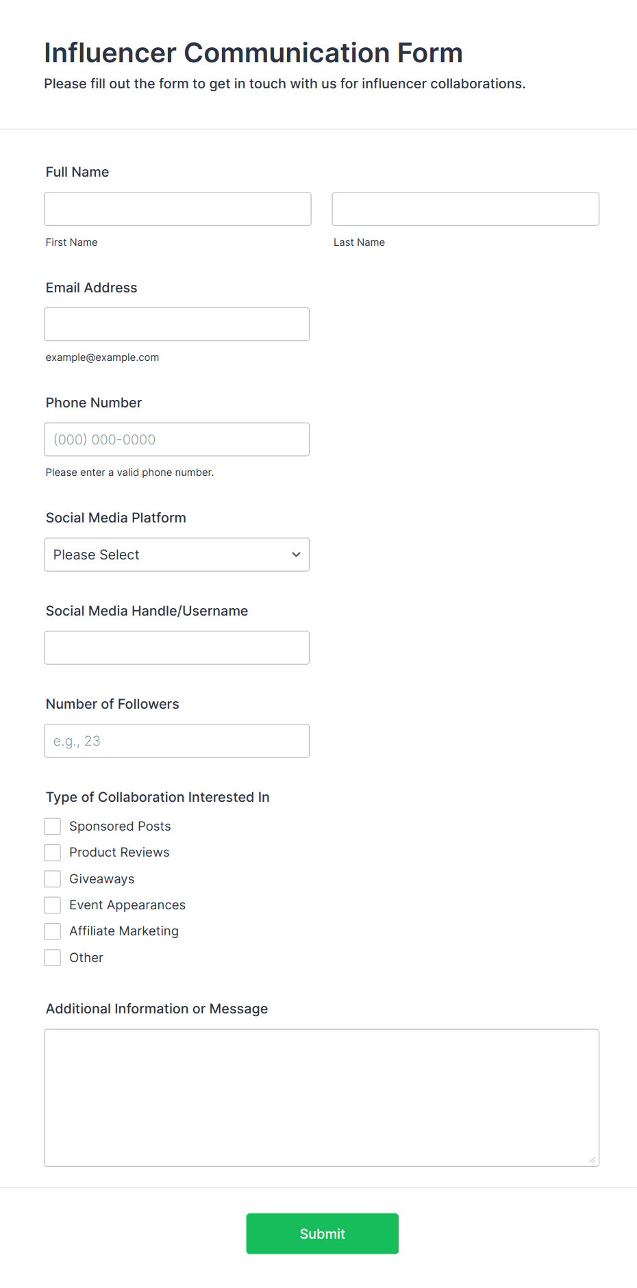 Influencer Communication Form Template | Jotform