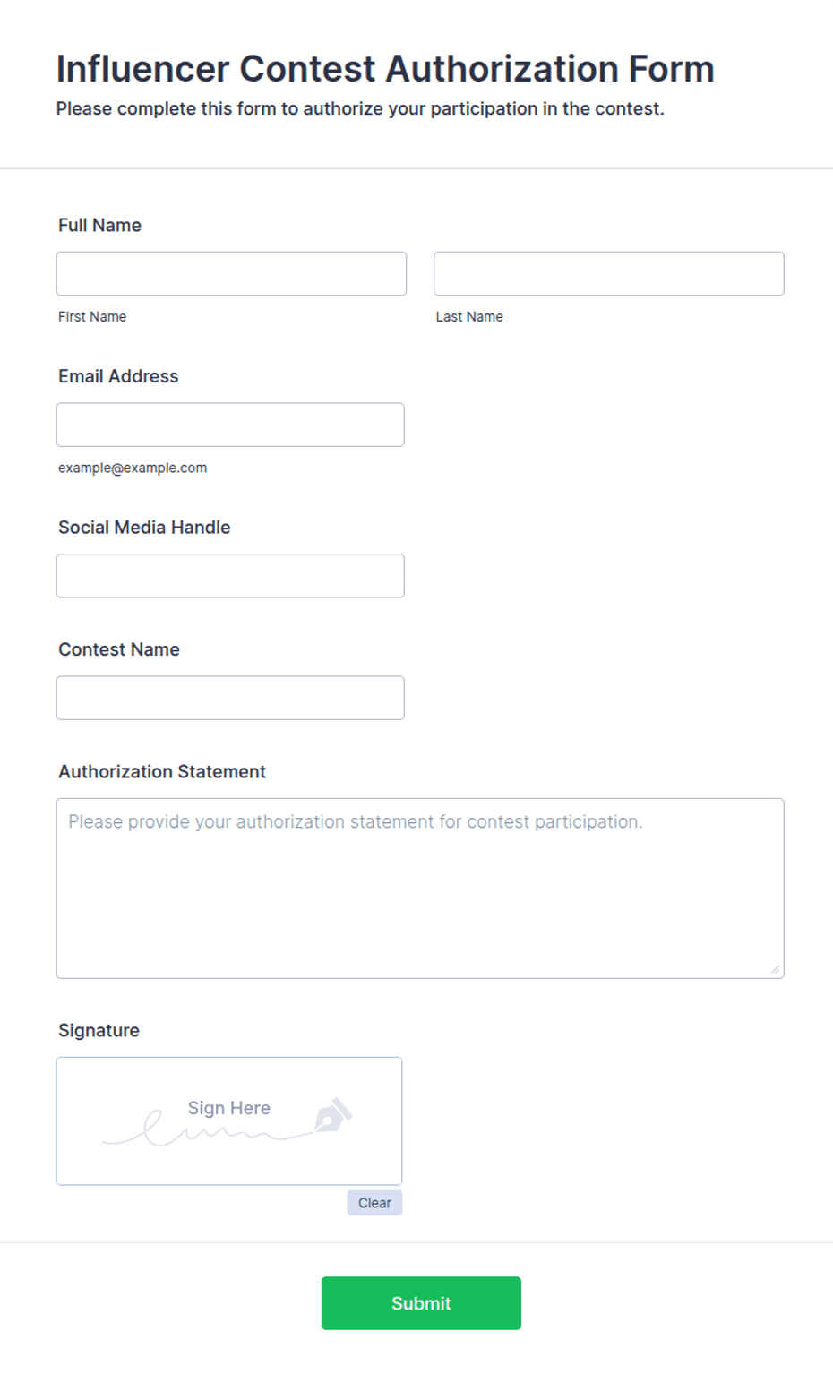 Influencer Contest Authorization Form Template | Jotform