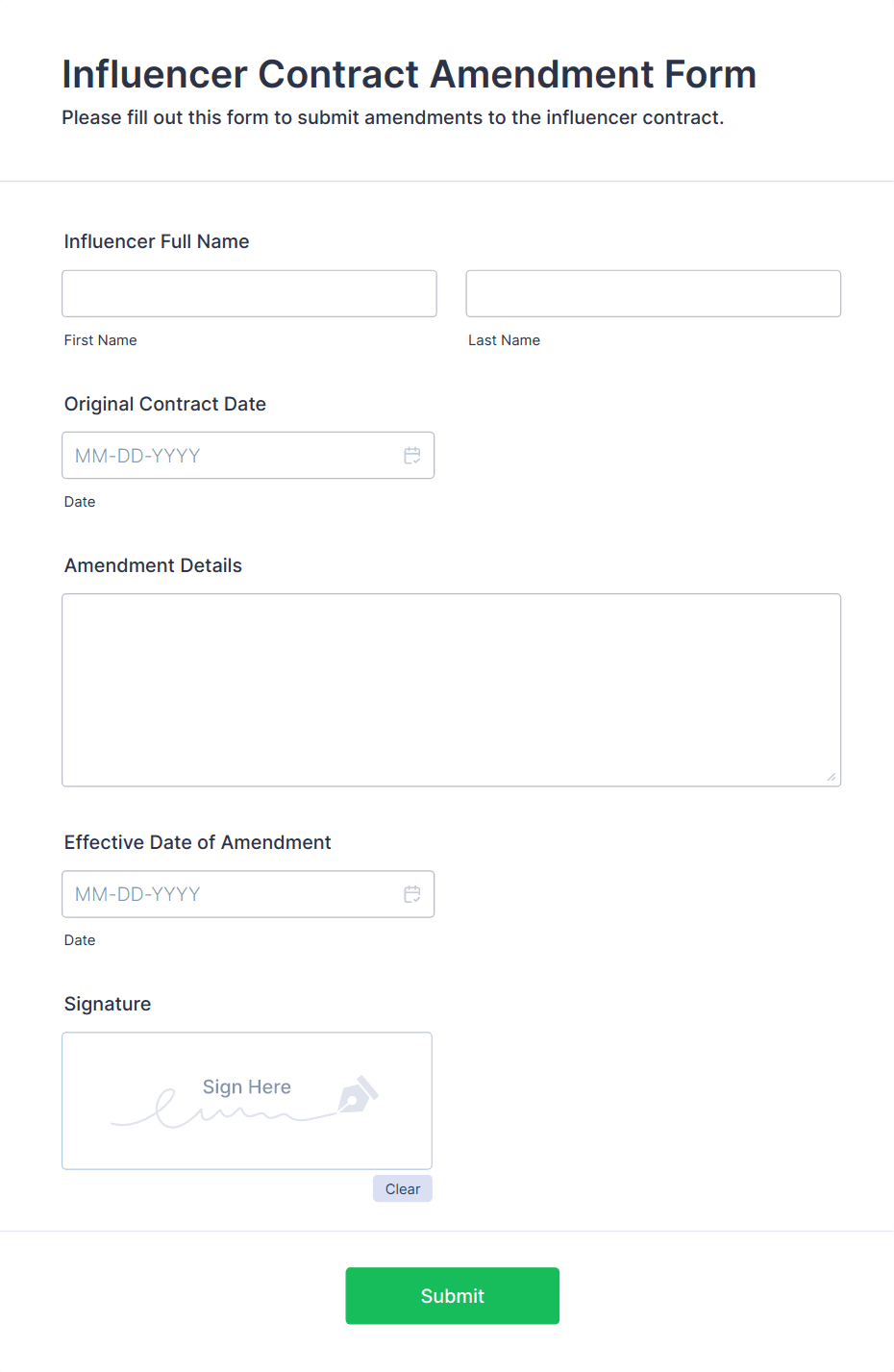 Influencer Contract Amendment Form Template | Jotform