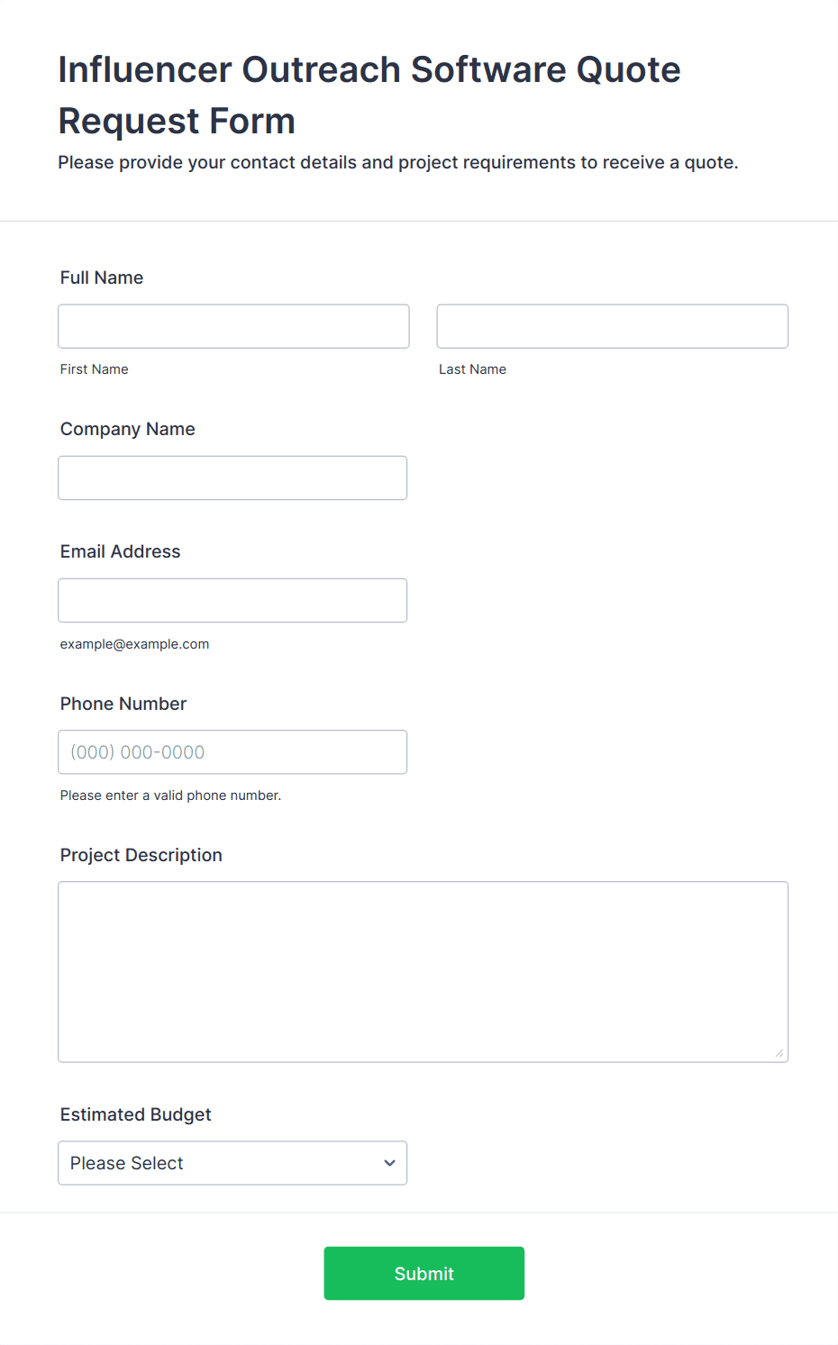 Influencer Outreach Software Quote Request Form Template | Jotform