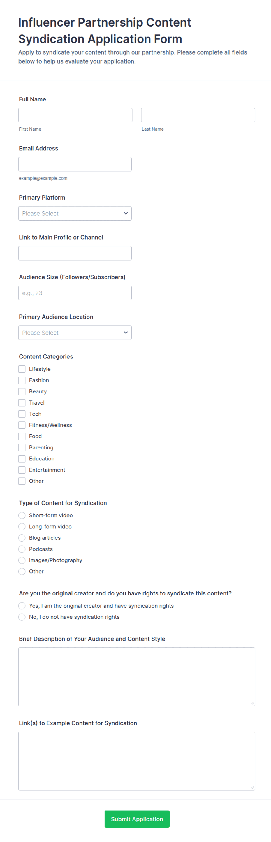 Influencer Partnership Content Syndication Application Form Template ...