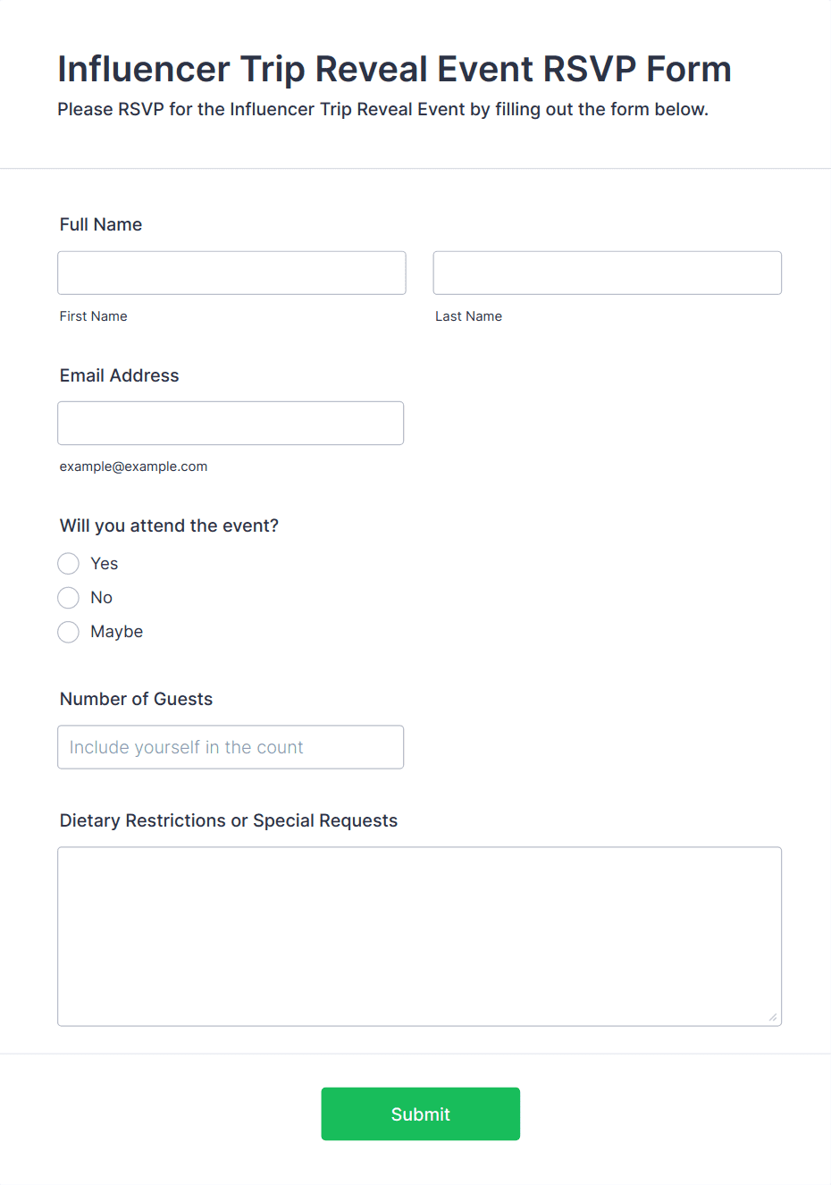 Influencer Trip Reveal Event RSVP Form Template | Jotform