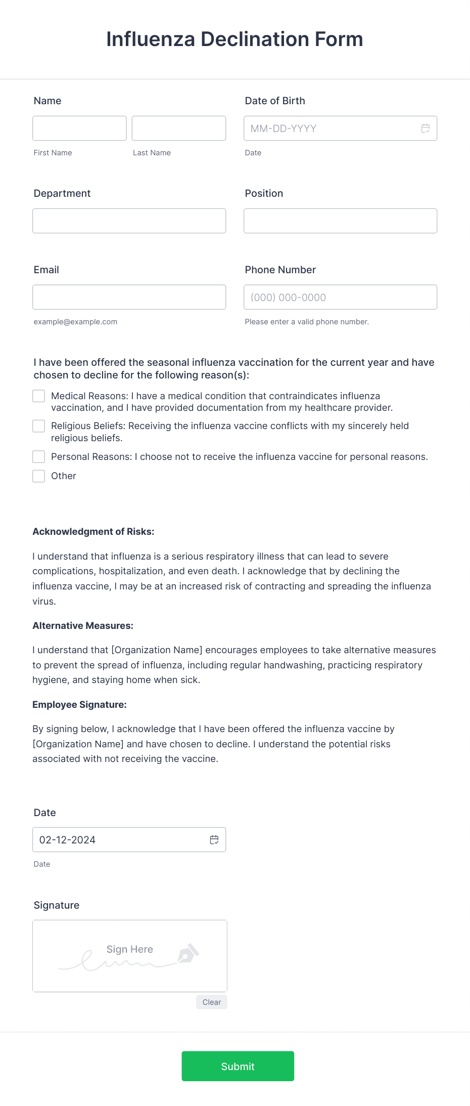 Influenza Declination Form Template | Jotform