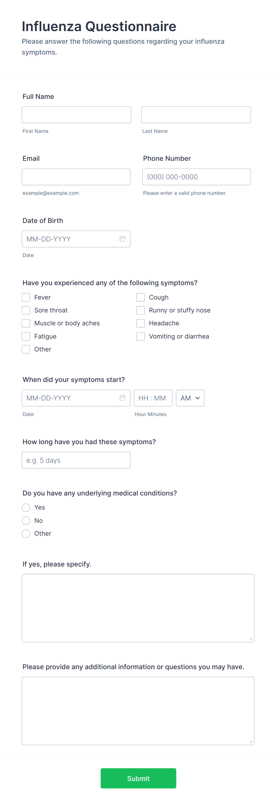 Influenza Questionnaire Form Template | Jotform