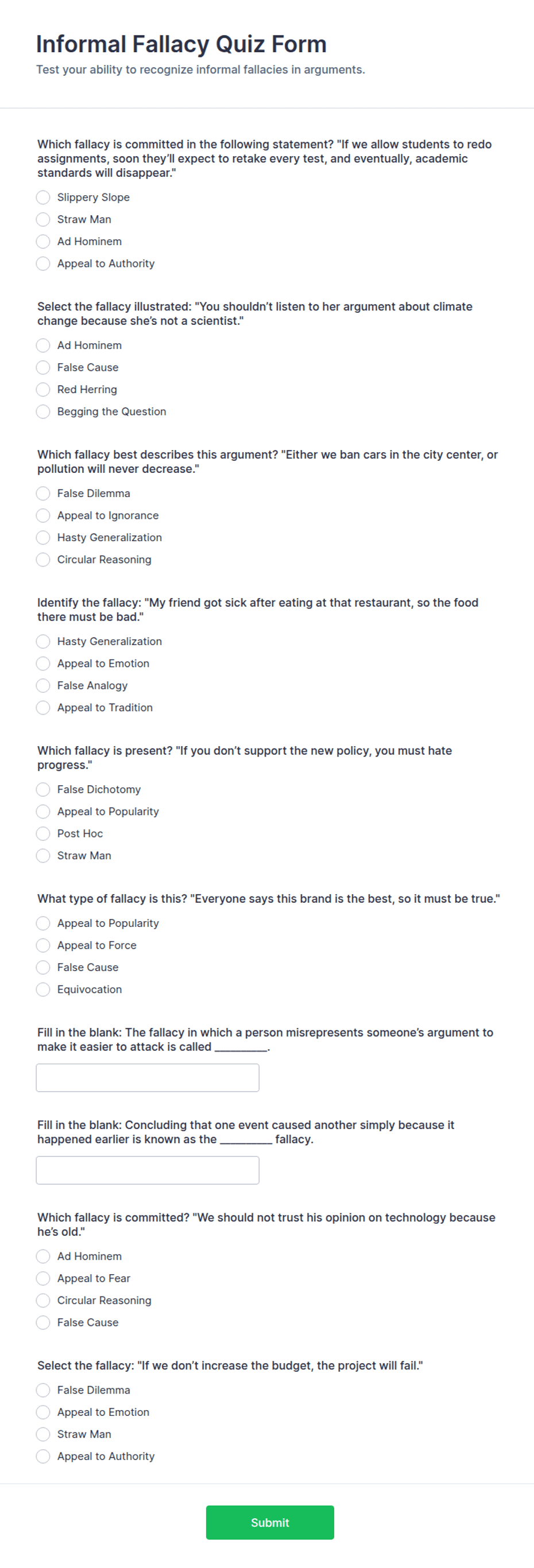 Informal Fallacy Quiz Form Template | Jotform
