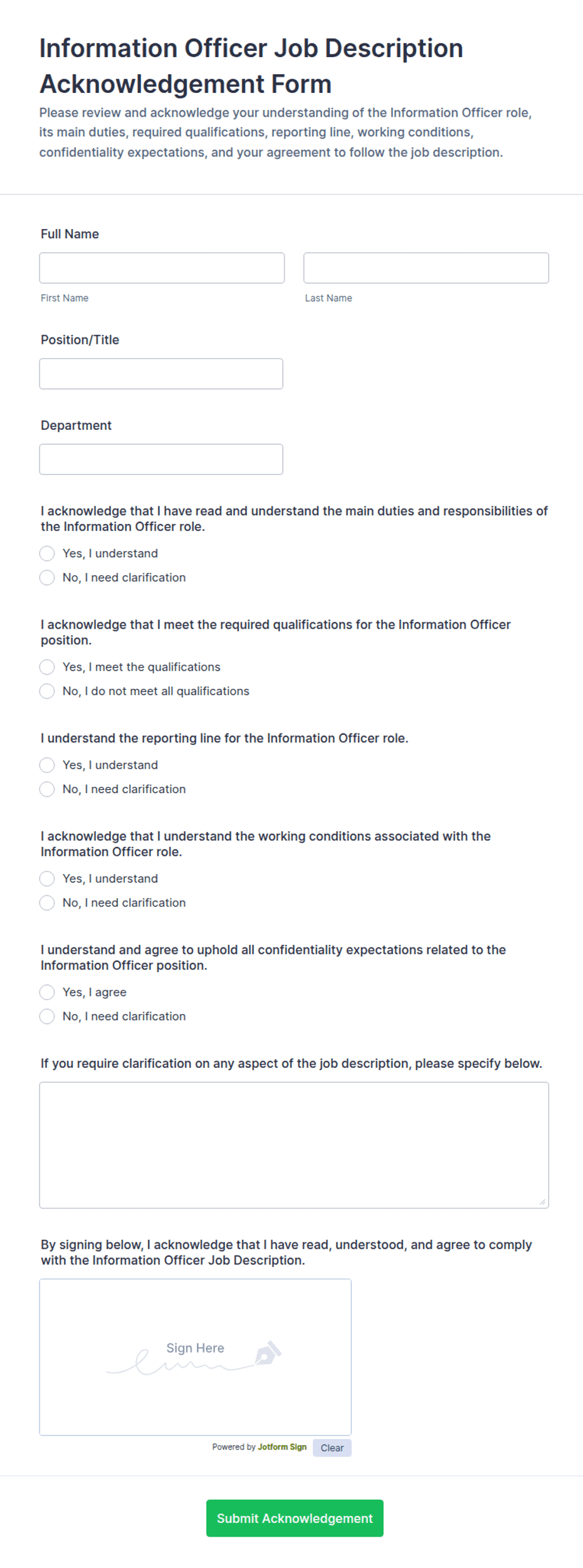 Information Officer Job Description Acknowledgement Form Template | Jotform