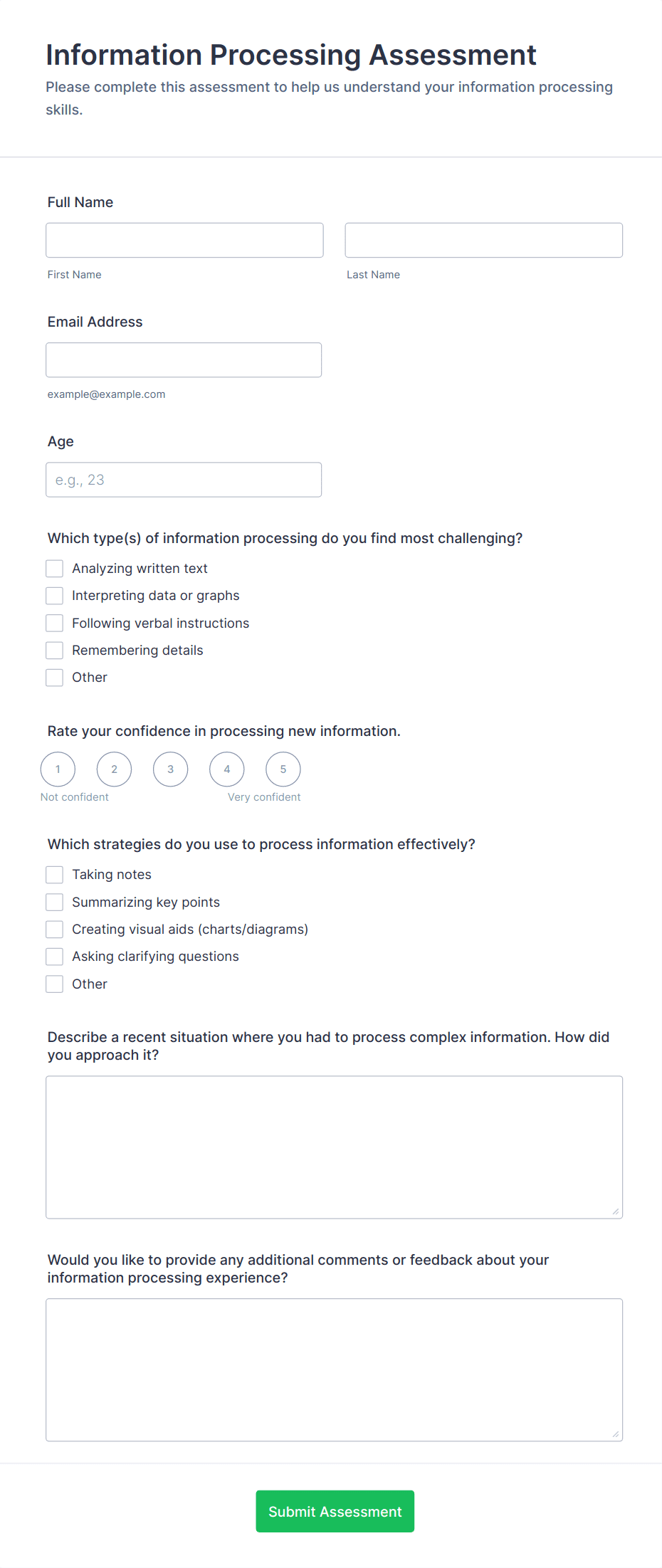 Information Processing Assessment Form Template | Jotform