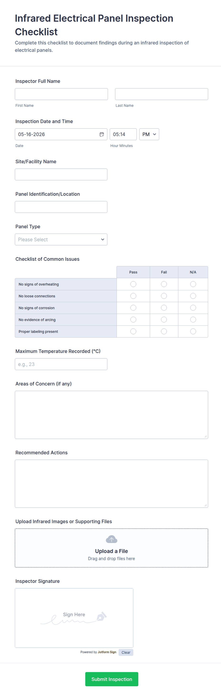 Infrared Electrical Panel Inspection Checklist Form Template | Jotform