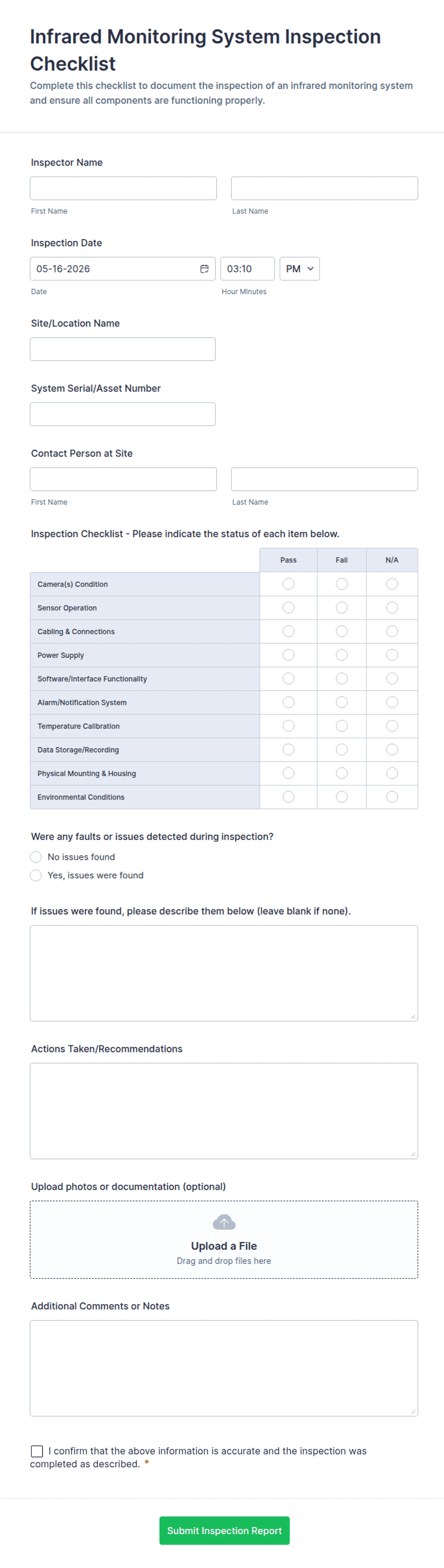 Infrared Monitoring System Inspection Checklist Form Template | Jotform