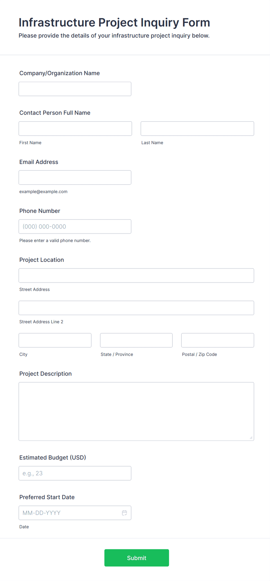 Infrastructure Project Inquiry Form Template | Jotform