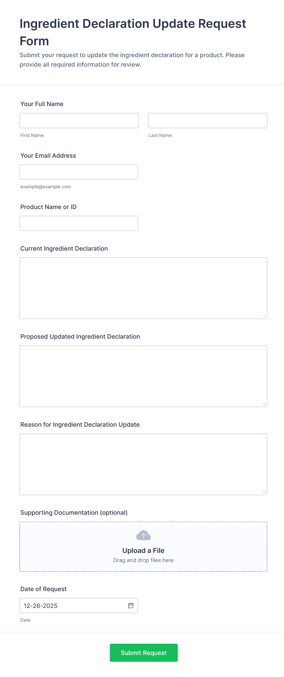 Ingredient Declaration Update Request Form Template | Jotform