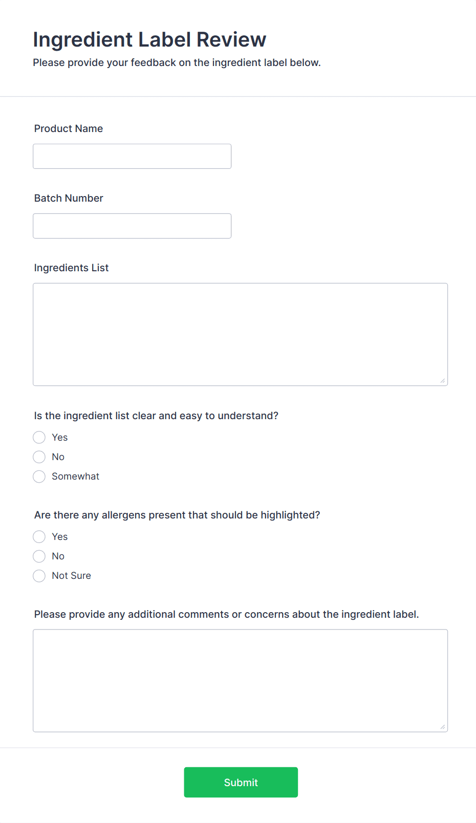 Ingredient Label Review Form Template | Jotform