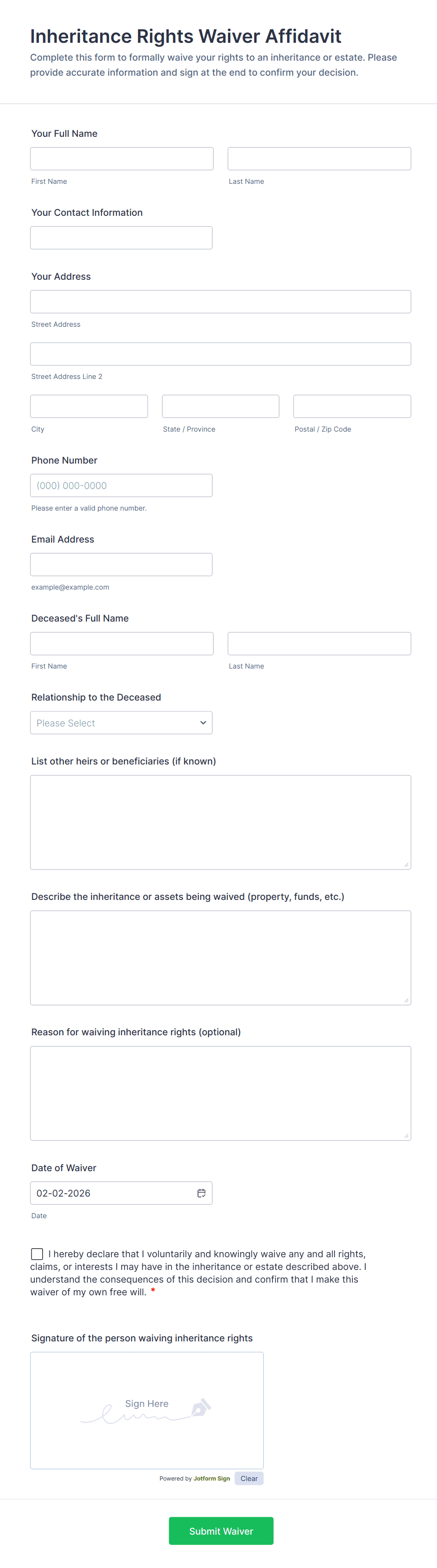 Inheritance Rights Waiver Affidavit Form Template | Jotform