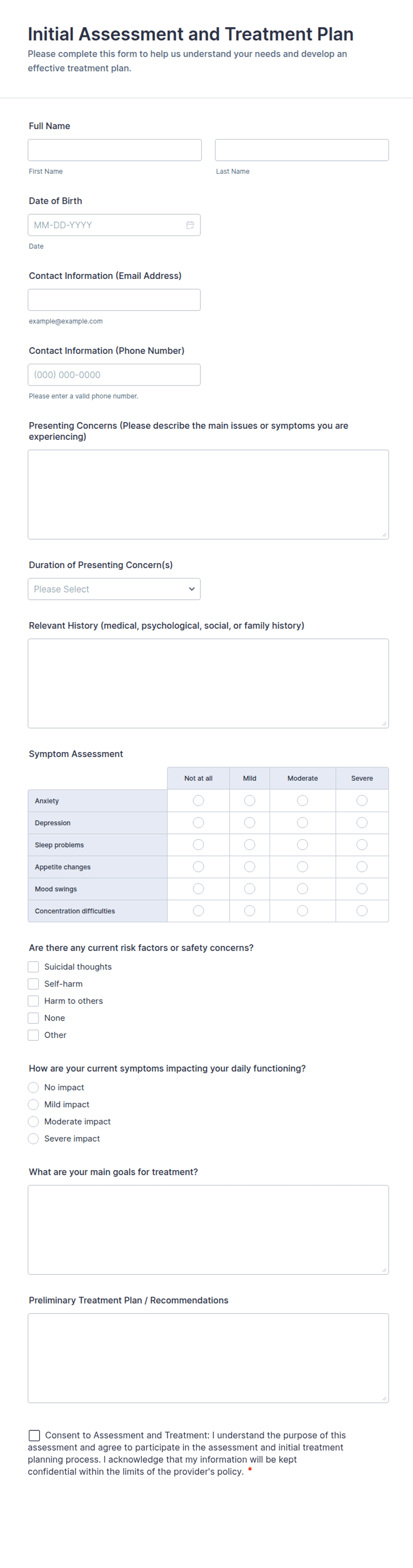 Initial Assessment and Treatment Plan Form Template | Jotform
