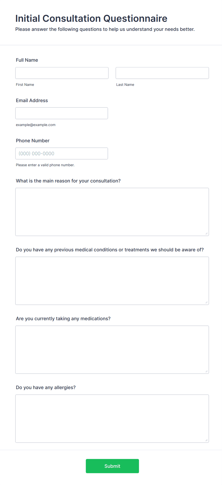 Initial Consultation Questionnaire Form Template | Jotform