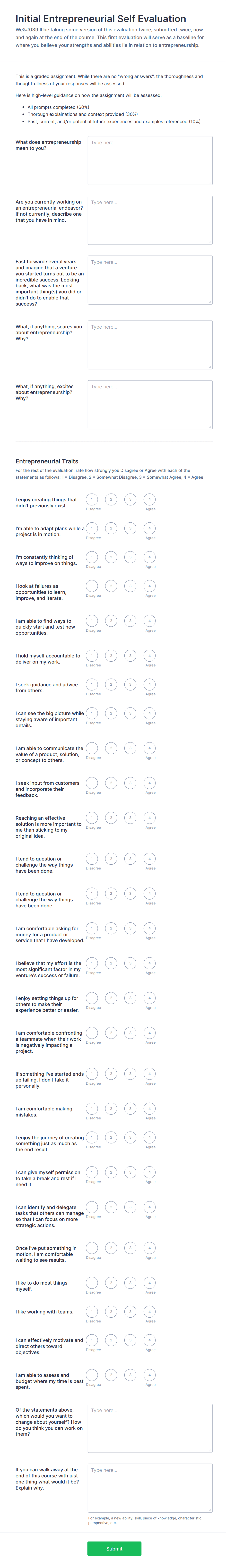 Initial Entrepreneurial Self Evaluation Form Template | Jotform