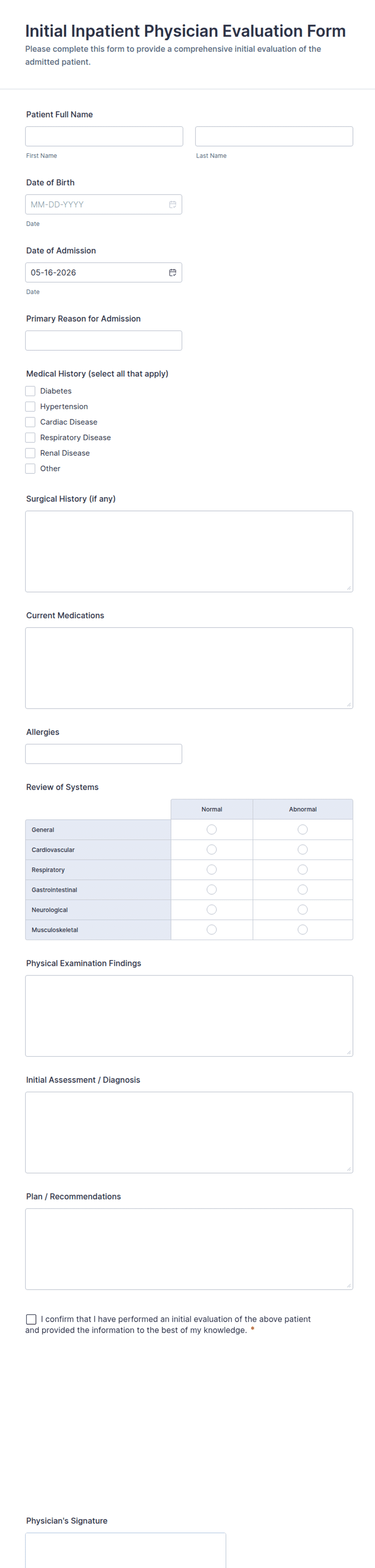 Initial Inpatient Physician Evaluation Form Template | Jotform