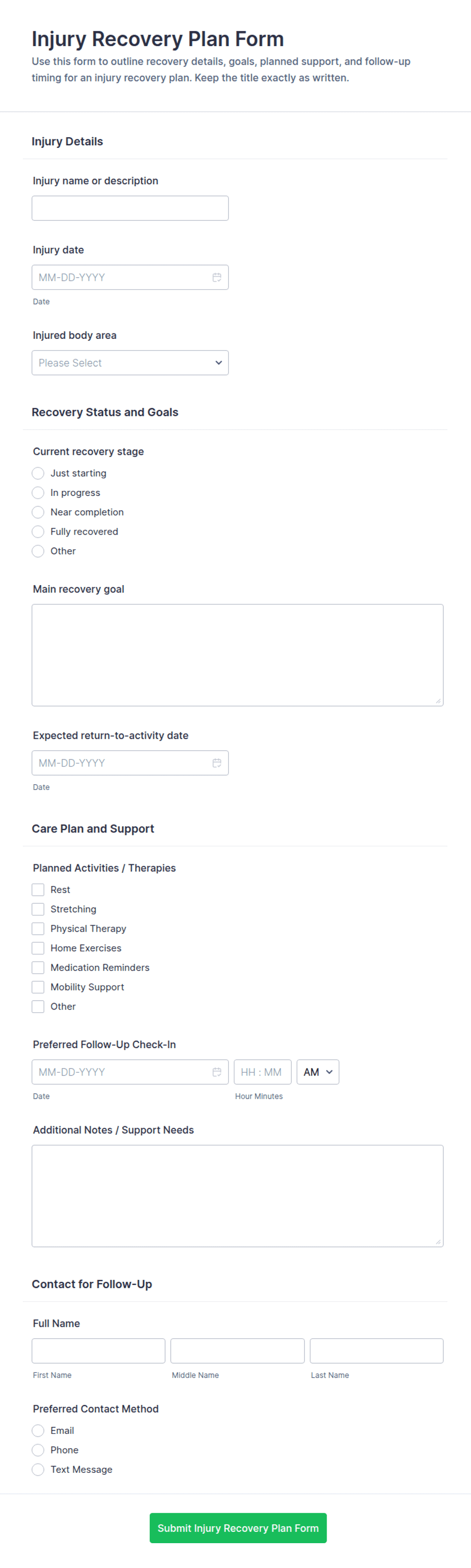 Injury Recovery Plan Form Template | Jotform