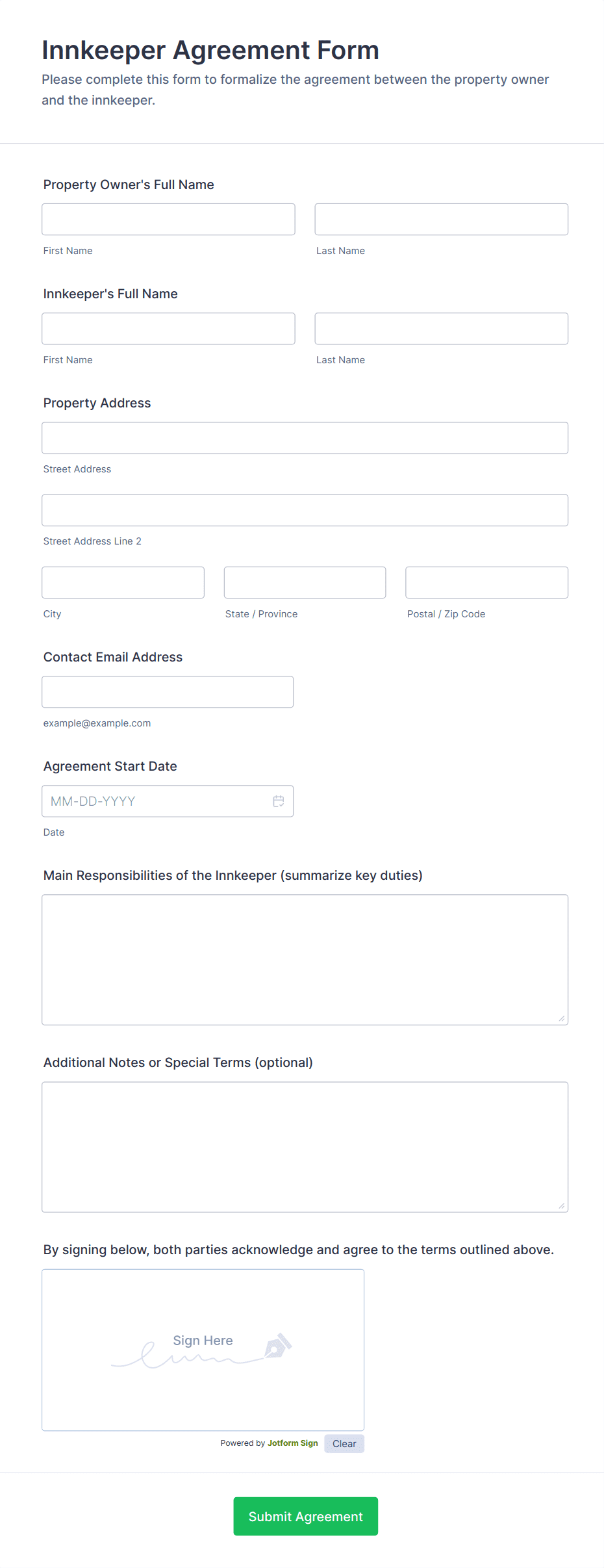 Innkeeper Agreement Form Template | Jotform
