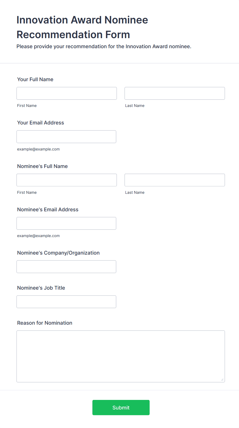 Innovation Award Nominee Recommendation Form Template | Jotform