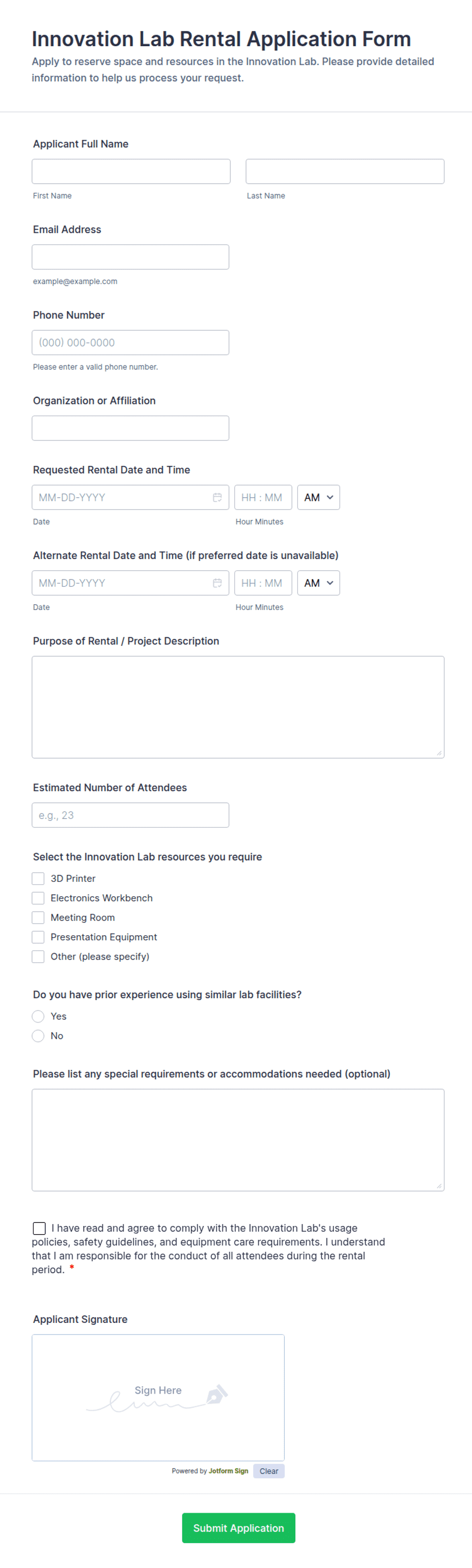 Innovation Lab Rental Application Form Template | Jotform
