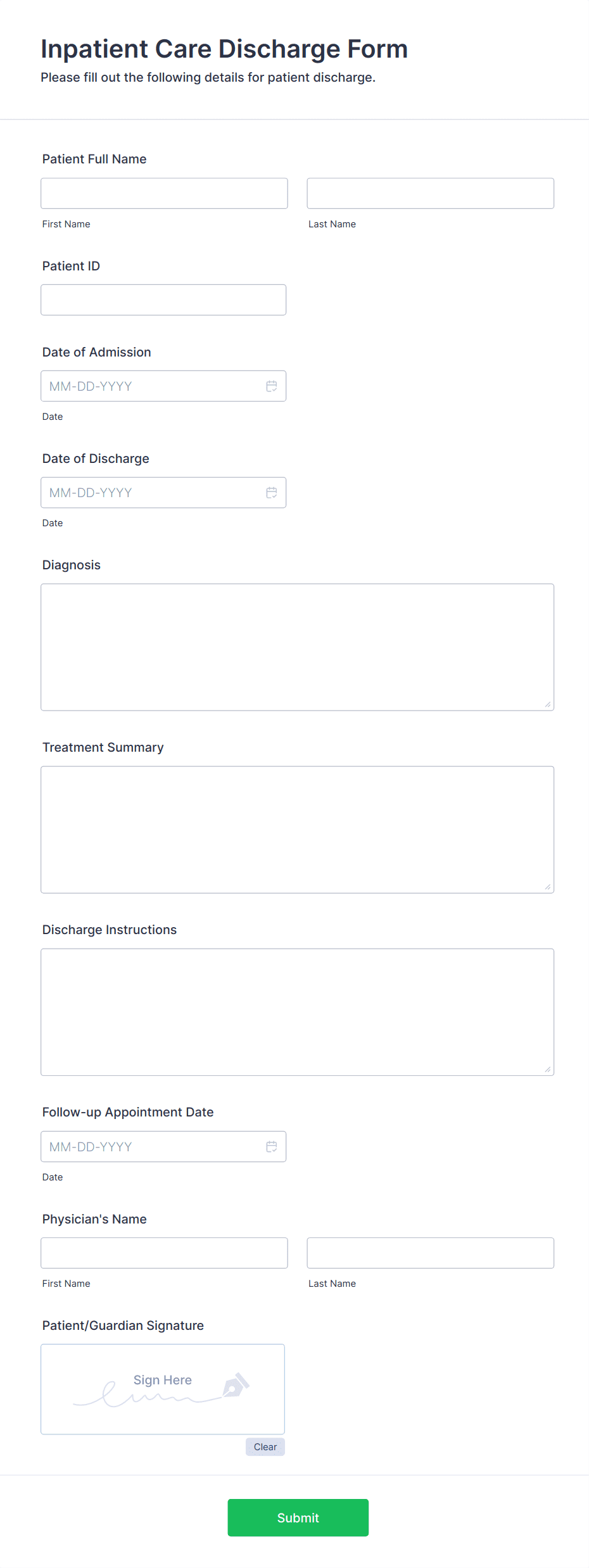Inpatient Care Discharge Form Template | Jotform