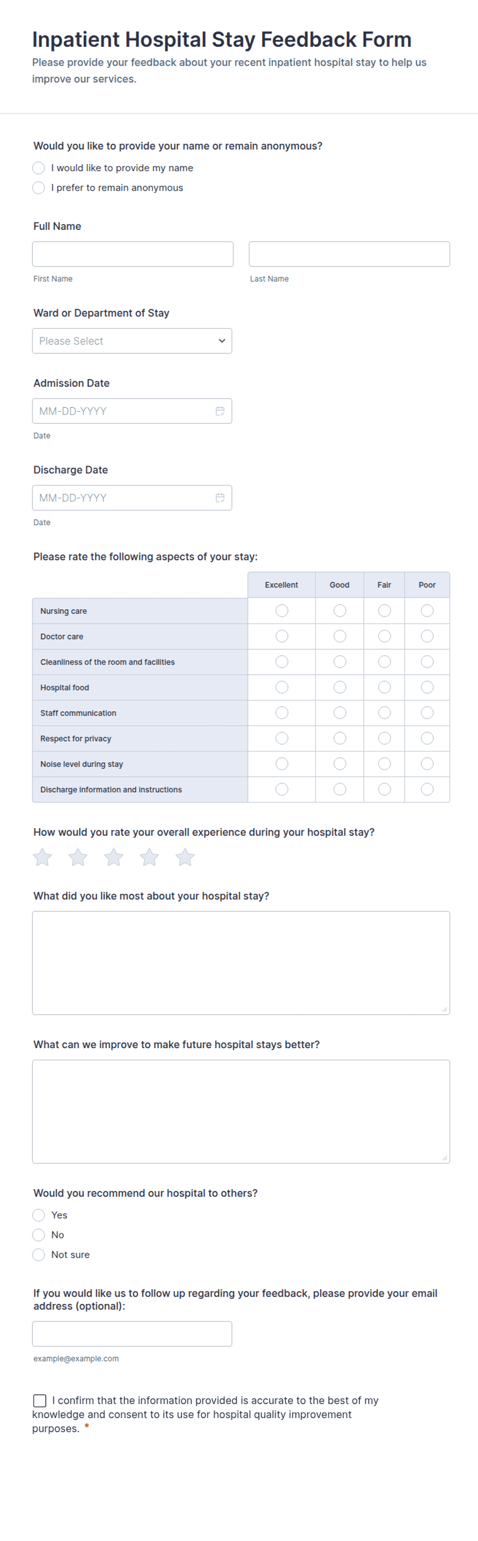 Inpatient Hospital Stay Feedback Form Template | Jotform