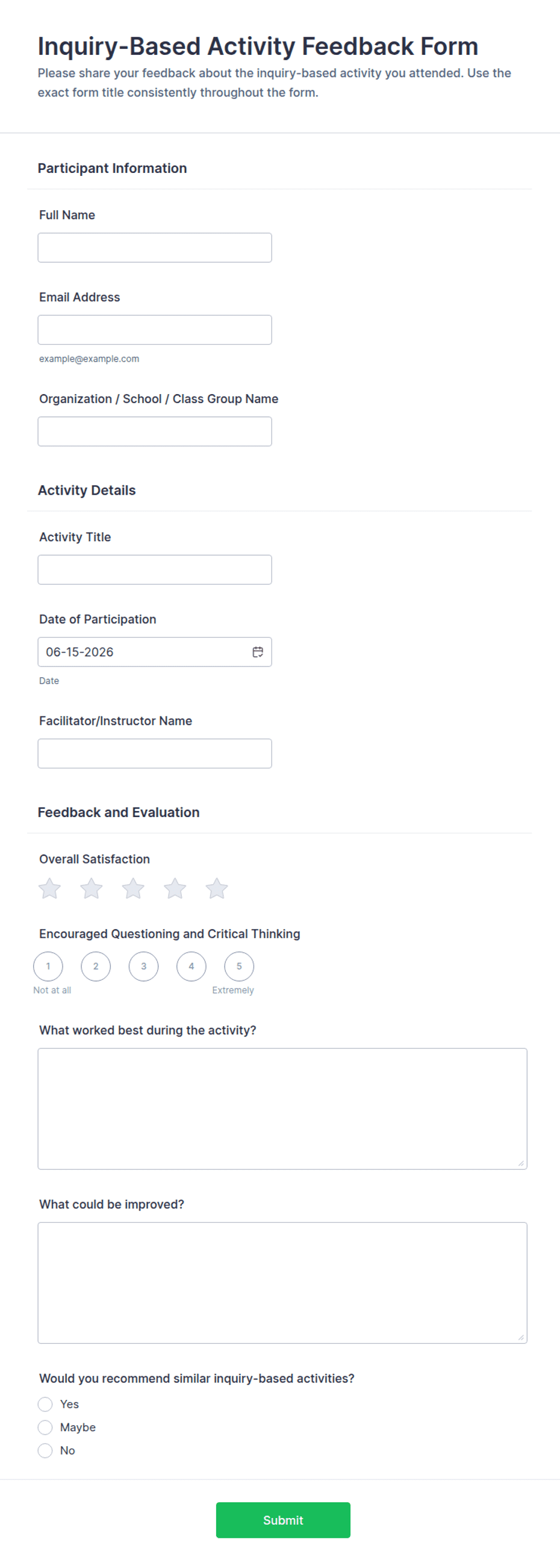 Inquiry-Based Activity Feedback Form Template | Jotform