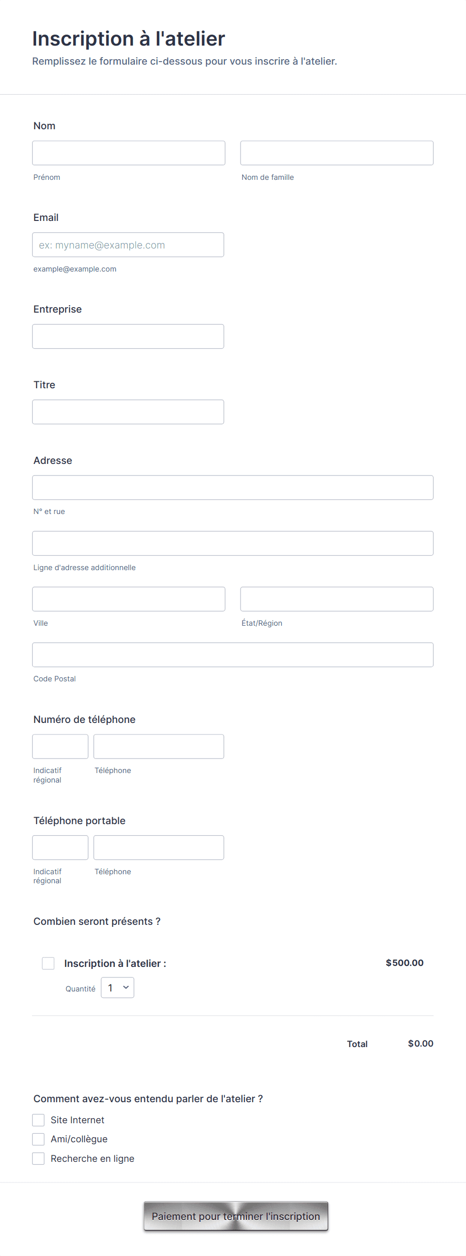 Inscription à l'atelier Modèle du formulaire | Jotform