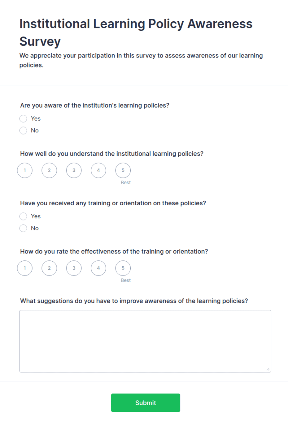 Institutional Learning Policy Awareness Survey Form Template | Jotform