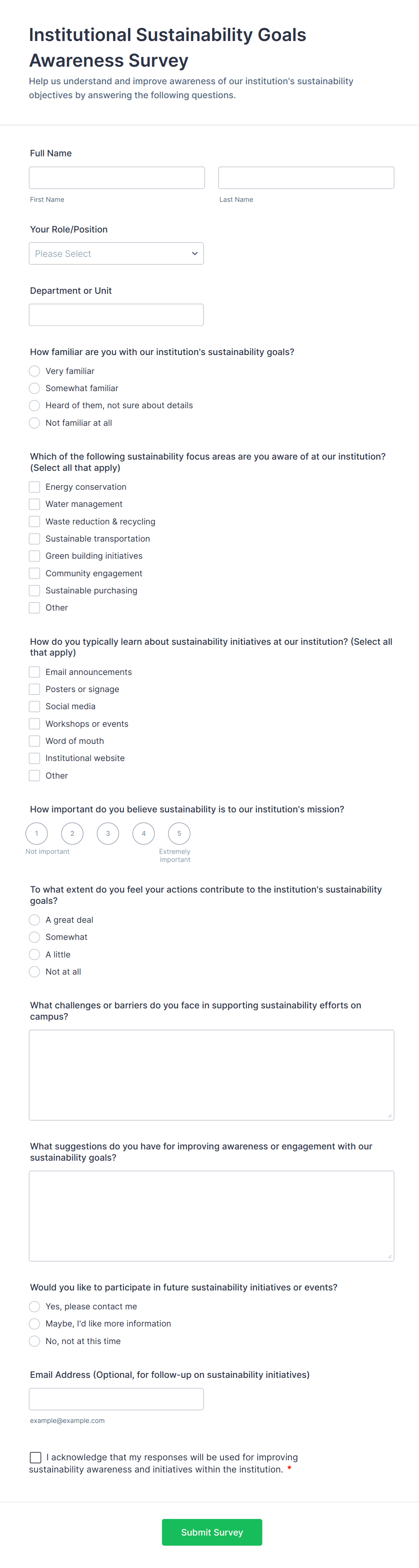 Institutional Sustainability Goals Awareness Survey Form Template | Jotform